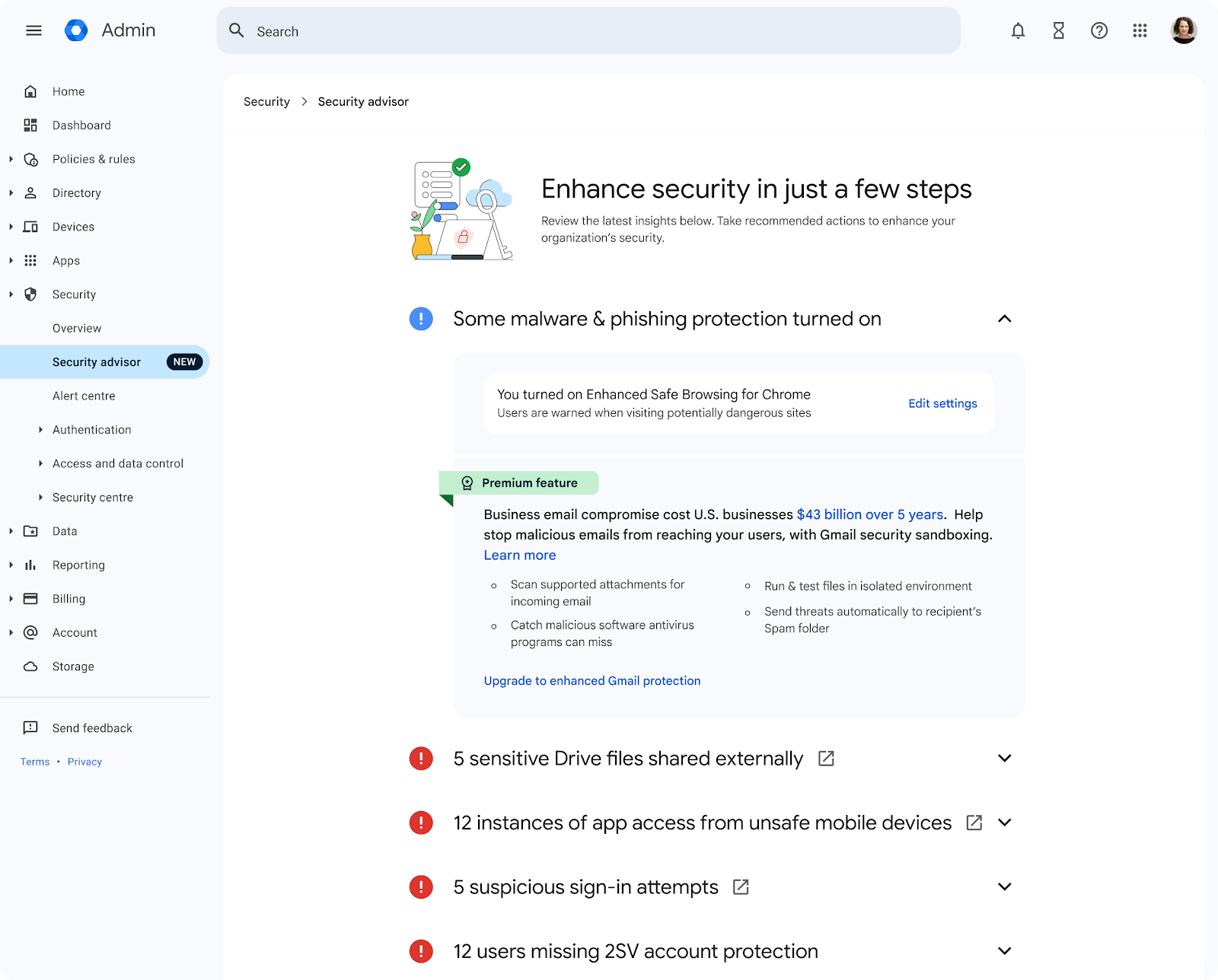 Google Workspace 인사이트 세트인 보안 어드바이저 - 구글 워크스페이스 Gemini 업데이트